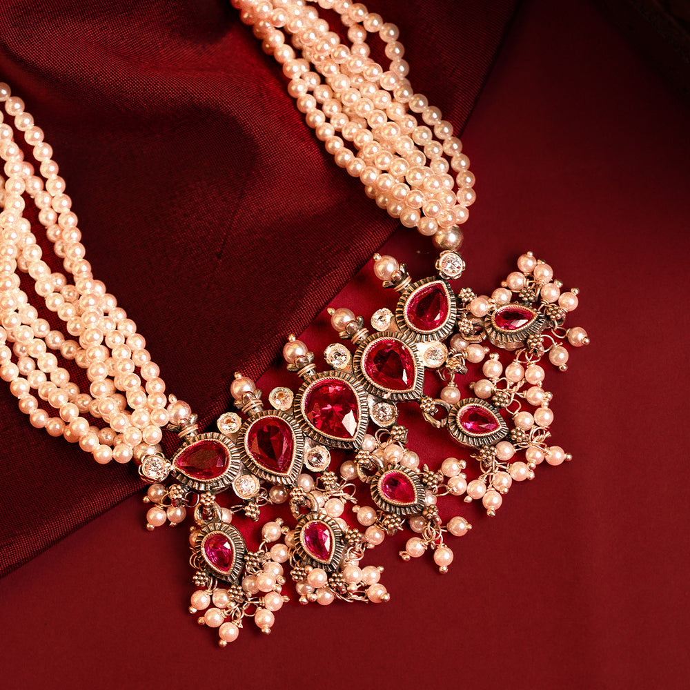 Buy Maharashtrian Tanmani Silver Necklace (Pink) by Moha Online by MOHA